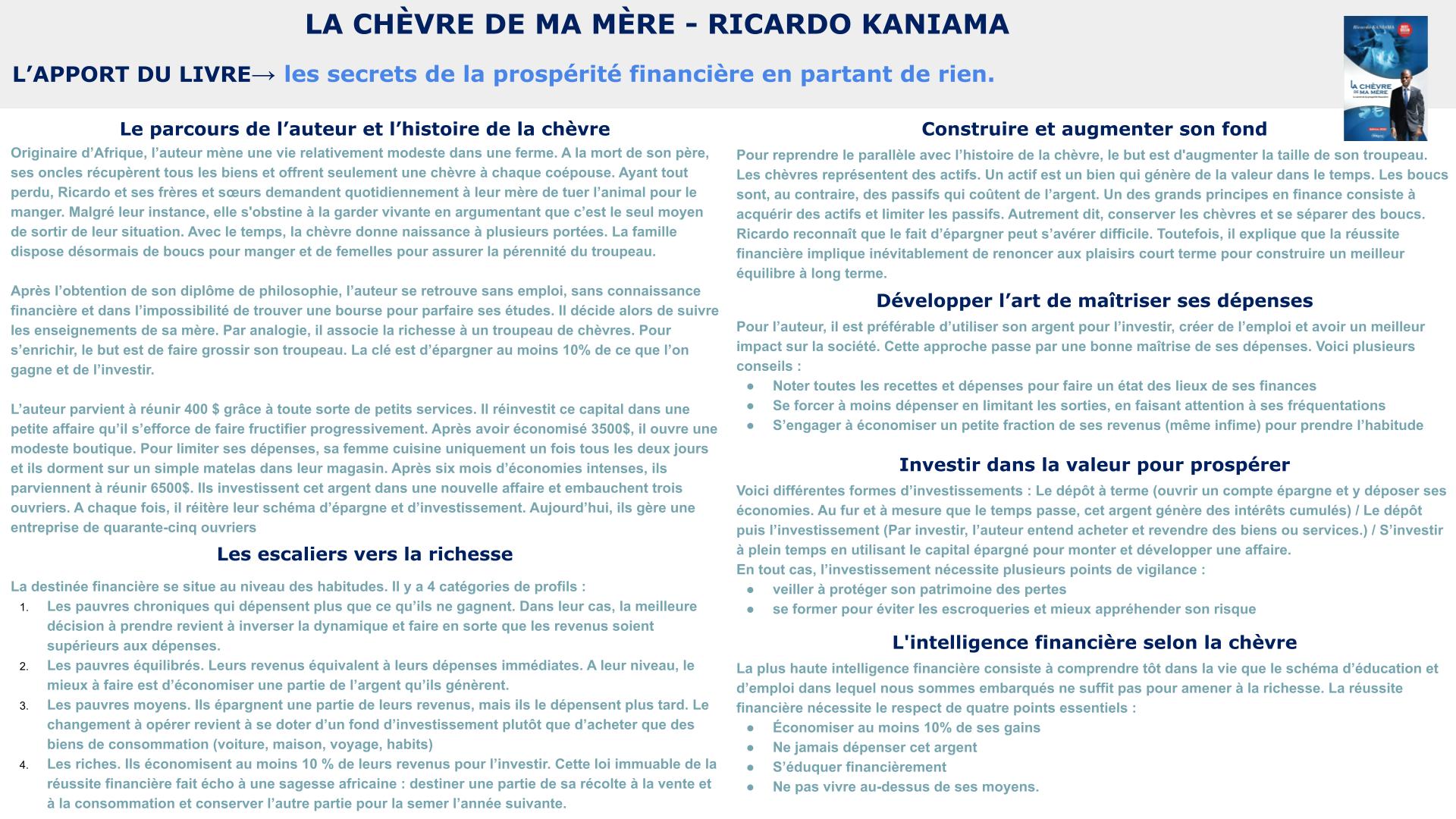 Résumé : La chèvre de ma mère: Les secrets de la prospérité financière - Ricardo Kaniama ...